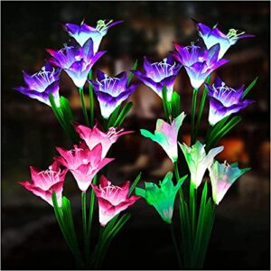 dolucky outdoor solar lights garden decorative, 4 pack solar garden lights with 16 bigger lily solar flowers, multicolor changing led solar garden lights for patio lawn garden yard decoration