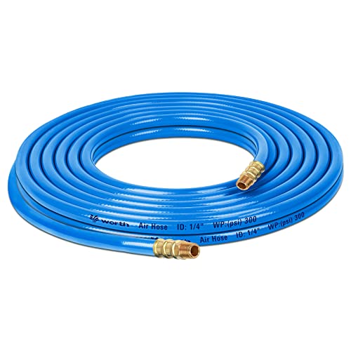 Worth Garden 25' Air Hose, 1/4 inch x 25 ft, 1/4 in. MNPT Fittings, 300 PSI Heavy Duty, Lightweight, All-Weather Flexibility Air Compressor Hose with Solid Brass Couplings, Blue