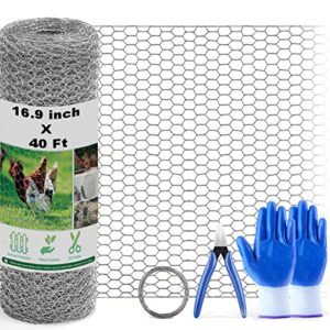 chicken wire fencing mesh, 16.9 inch x 40 feet metal floral chicken wire fence for crafts poultry garden, 0.6 inch hexagonal galvanized hardware cloth netting for chicken coop barrier rabbit cage