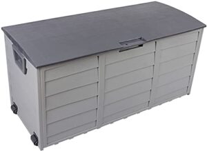 75 gallon resin outdoor storage deck box waterproof patio storage box organization with wheels for patio furniture,outdoor cushions,garden and pool supplies, lockable (grey)