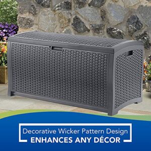 Suncast 73 Gallon Medium Resin Wicker Indoor/Outdoor Storage Box for Garden Tools, Pool Accessories, and Patio Cushions, Cyberspace