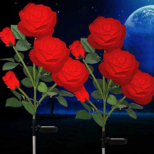 HELESIN Solar Rose Flower Lights, 10 Roses Solar Flowers Lights Outdoor Garden Waterproof 2 Pack, Solar Decorative Lights for Patio Pathway Courtyard Garden Lawn, Red