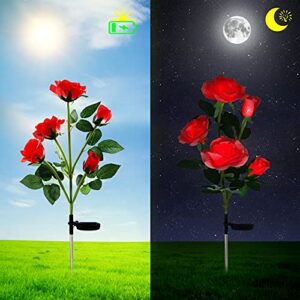 HELESIN Solar Rose Flower Lights, 10 Roses Solar Flowers Lights Outdoor Garden Waterproof 2 Pack, Solar Decorative Lights for Patio Pathway Courtyard Garden Lawn, Red