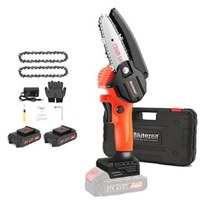 blütezeit mini chainsaw cordless, 4-inch 21v battery power chainsaw, compact handheld electric chainsaw rechargeable for wood cutting, branch pruning, tree trimming (2 batteries & 2 chains included)