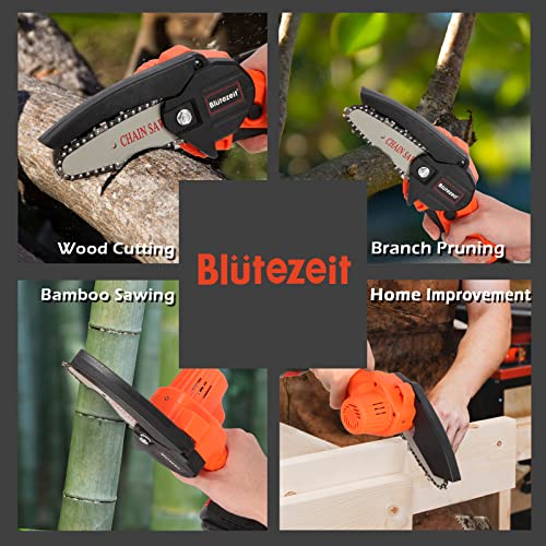 Blütezeit Mini Chainsaw Cordless, 4-Inch 21V Battery Power Chainsaw, Compact Handheld Electric Chainsaw Rechargeable for Wood Cutting, Branch Pruning, Tree Trimming (2 Batteries & 2 Chains Included)