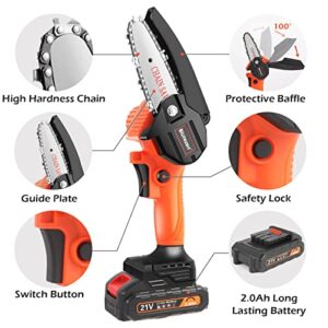 Blütezeit Mini Chainsaw Cordless, 4-Inch 21V Battery Power Chainsaw, Compact Handheld Electric Chainsaw Rechargeable for Wood Cutting, Branch Pruning, Tree Trimming (2 Batteries & 2 Chains Included)