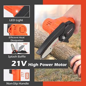 Blütezeit Mini Chainsaw Cordless, 4-Inch 21V Battery Power Chainsaw, Compact Handheld Electric Chainsaw Rechargeable for Wood Cutting, Branch Pruning, Tree Trimming (2 Batteries & 2 Chains Included)