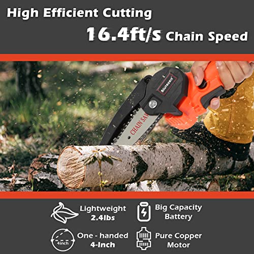 Blütezeit Mini Chainsaw Cordless, 4-Inch 21V Battery Power Chainsaw, Compact Handheld Electric Chainsaw Rechargeable for Wood Cutting, Branch Pruning, Tree Trimming (2 Batteries & 2 Chains Included)