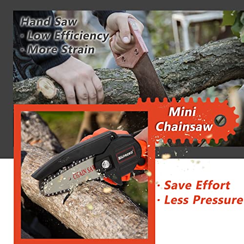 Blütezeit Mini Chainsaw Cordless, 4-Inch 21V Battery Power Chainsaw, Compact Handheld Electric Chainsaw Rechargeable for Wood Cutting, Branch Pruning, Tree Trimming (2 Batteries & 2 Chains Included)