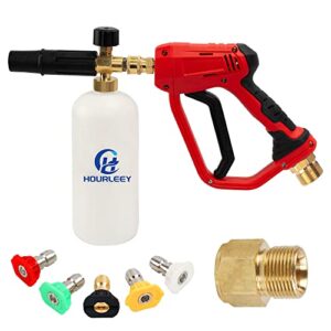 hourleey short pressure washer gun with foam cannon for car, 1/4″ quick connector with 5 pressure washer nozzle tips, 1 liter