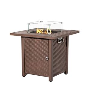 hompus outdoor propane fire pit table 28-inch 40,000 btu imitation wicker square glass top fire table w wind guard,lava rocks,rain cover gas smokeless fire pit for outside patio,garden,deck,backyard