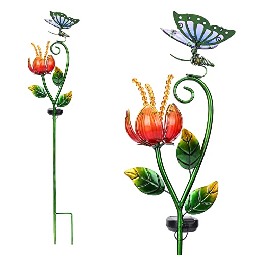 Glass Flower and Butterfly Solar Garden Stake Light Waterproof Solar Decorative Stake Light Outdoor Path Light for Walkway Pathway Lawn Patio