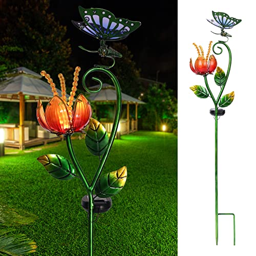 Glass Flower and Butterfly Solar Garden Stake Light Waterproof Solar Decorative Stake Light Outdoor Path Light for Walkway Pathway Lawn Patio