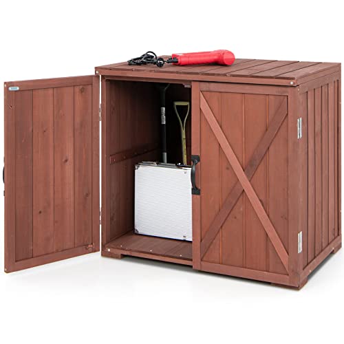 Goplus Outdoor Storage Cabinet, Wood Garden Tool Shed with Doors for Patio Backyard, 30" x 22" x 28.5"