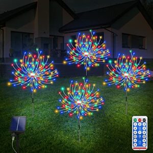 happy spark solar garden outdoor lights, 4 pack solar firework lights 120 led remote control decorative lights waterproof 8 modes landscape lamp decor firefly fairy lights for pathway patio yard