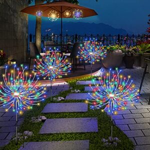 Happy Spark Solar Garden Outdoor Lights, 4 Pack Solar Firework Lights 120 LED Remote Control Decorative Lights Waterproof 8 Modes Landscape Lamp Decor Firefly Fairy Lights for Pathway Patio Yard