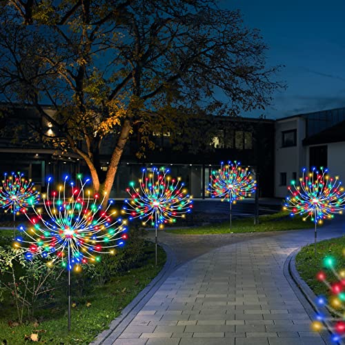 Happy Spark Solar Garden Outdoor Lights, 4 Pack Solar Firework Lights 120 LED Remote Control Decorative Lights Waterproof 8 Modes Landscape Lamp Decor Firefly Fairy Lights for Pathway Patio Yard