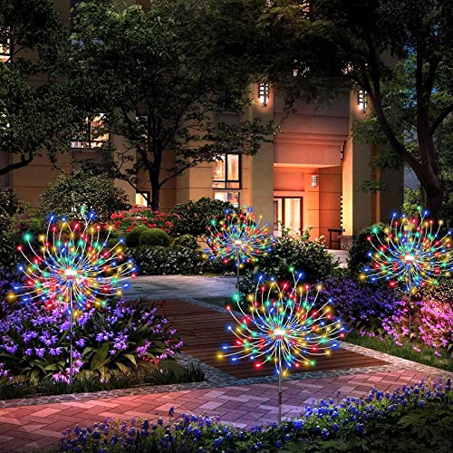 Happy Spark Solar Garden Outdoor Lights, 4 Pack Solar Firework Lights 120 LED Remote Control Decorative Lights Waterproof 8 Modes Landscape Lamp Decor Firefly Fairy Lights for Pathway Patio Yard