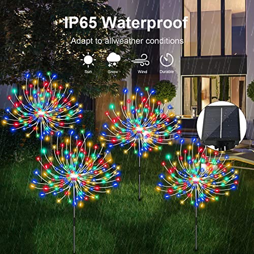 Happy Spark Solar Garden Outdoor Lights, 4 Pack Solar Firework Lights 120 LED Remote Control Decorative Lights Waterproof 8 Modes Landscape Lamp Decor Firefly Fairy Lights for Pathway Patio Yard