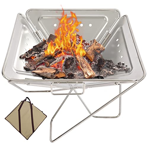 Lineslife 17'' Portable Outdoor Fire Pit for Camping, Folding Heavy Duty Stainless Steel Firepit, Foldable Wood Burning Fire Pit with Carrying Bag for Outdoor Backyard Patio, Beach Parties, Garden