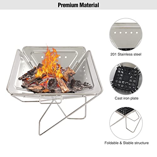 Lineslife 17'' Portable Outdoor Fire Pit for Camping, Folding Heavy Duty Stainless Steel Firepit, Foldable Wood Burning Fire Pit with Carrying Bag for Outdoor Backyard Patio, Beach Parties, Garden