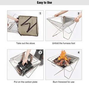 Lineslife 17'' Portable Outdoor Fire Pit for Camping, Folding Heavy Duty Stainless Steel Firepit, Foldable Wood Burning Fire Pit with Carrying Bag for Outdoor Backyard Patio, Beach Parties, Garden