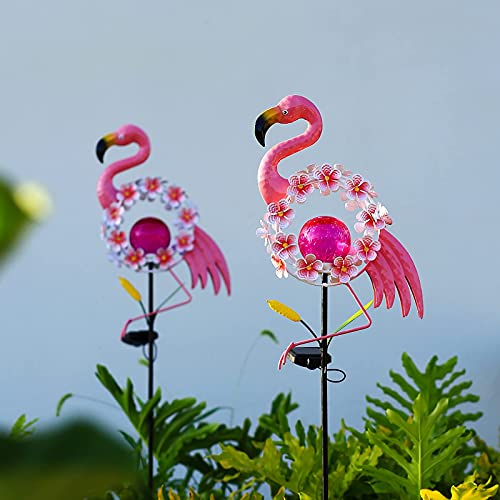 Starryfill 40.5" (H) Garden Solar Lights Outdoor Metal Flamingo Pink Hydrangea Flower Crackle Glass Globe Stake Lights Waterproof Warm White LED for Pathway Lawn Patio or Courtyard(1 PCS)