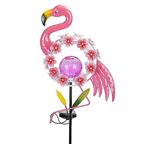 Starryfill 40.5" (H) Garden Solar Lights Outdoor Metal Flamingo Pink Hydrangea Flower Crackle Glass Globe Stake Lights Waterproof Warm White LED for Pathway Lawn Patio or Courtyard(1 PCS)