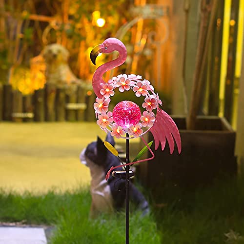 Starryfill 40.5" (H) Garden Solar Lights Outdoor Metal Flamingo Pink Hydrangea Flower Crackle Glass Globe Stake Lights Waterproof Warm White LED for Pathway Lawn Patio or Courtyard(1 PCS)