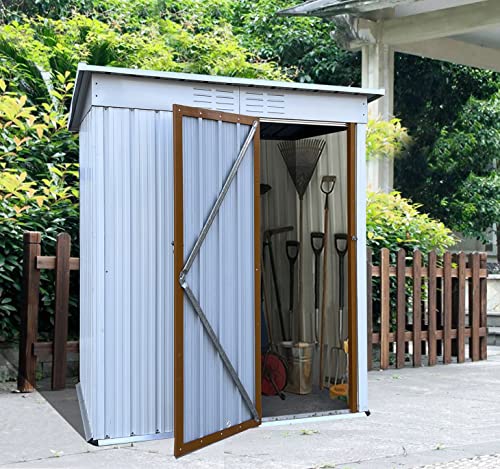 5x3 FT Metal Outdoor Storage Shed, Steel Utility Tool Shed Storage House with Door & Lock, Metal Sheds Outdoor Storage for Patio Garden Backyard Lawn, White & Brown