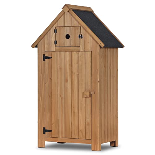 MCombo Outdoor Wood Storage Cabinet, Small Size Garden Cupboard with Door and Shelves, Outside Tools Shed for Patio (30.3"x21.2"x53.9") 0733 (Beige)