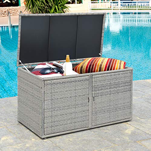 Tangkula Outdoor Wicker Storage Box, Garden Deck Bin with Steel Frame, Rattan Pool Storage Box with Lid, Ideal for Storing Tools, Accessories and Toys, 88 Gallon Capacity (Grey)