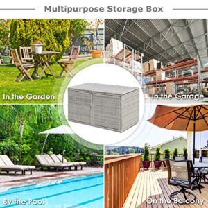 Tangkula Outdoor Wicker Storage Box, Garden Deck Bin with Steel Frame, Rattan Pool Storage Box with Lid, Ideal for Storing Tools, Accessories and Toys, 88 Gallon Capacity (Grey)