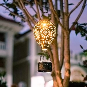 venniy hot air balloon solar lantern, hanging solar lantern outdoor waterproof decorative metal led lantern solar lights for trees patio garden yard porch decor, gold