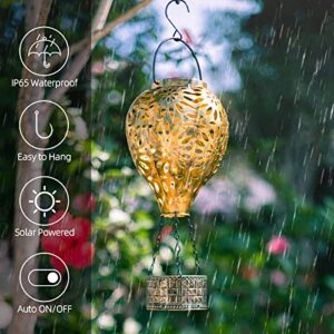 Venniy Hot Air Balloon Solar Lantern, Hanging Solar Lantern Outdoor Waterproof Decorative Metal LED Lantern Solar Lights for Trees Patio Garden Yard Porch Decor, Gold