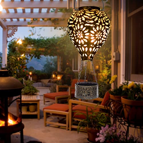 Venniy Hot Air Balloon Solar Lantern, Hanging Solar Lantern Outdoor Waterproof Decorative Metal LED Lantern Solar Lights for Trees Patio Garden Yard Porch Decor, Gold