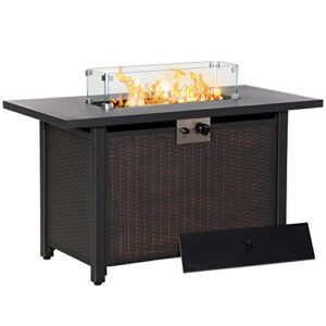 outsunny 43 inch outdoor propane gas fire pit table, 50,000 btu auto-ignition rectangular wicker-effect gas firepit with glass wind guard, lid, glass beads, steel base, csa certification, bronze