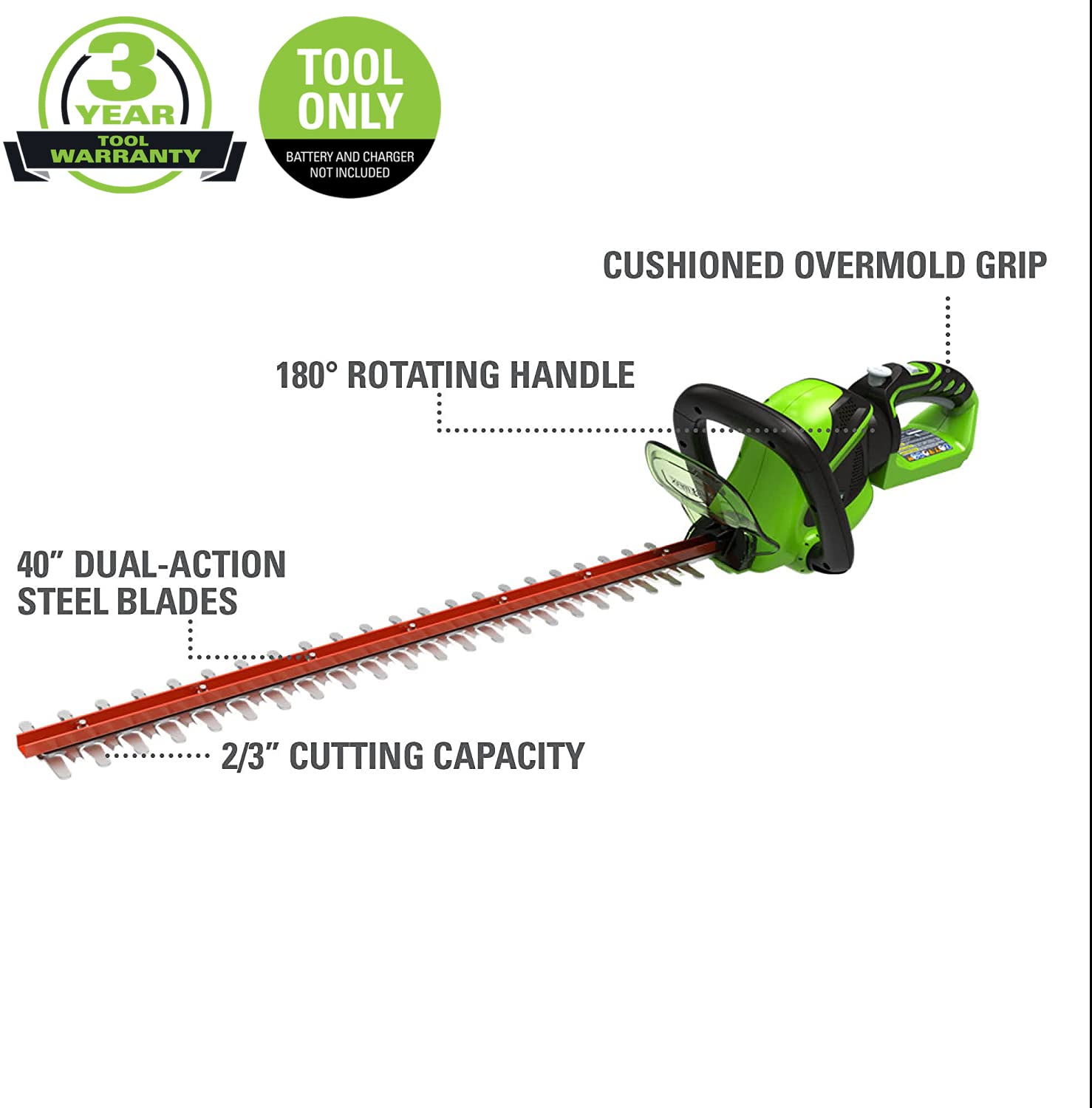 Greenworks 40V 24" Cordless Hedge Trimmer, Tool Only