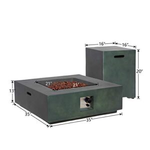 COSIEST 2-Piece Outdoor Propane Fire Pit Table Set w Tank, Green Faux Stone 35 inch Square Fire Table w 50,000 BTU Stainless Steel Burner, w Metal Lid 20lb Hideway Tank for Garden, Porch