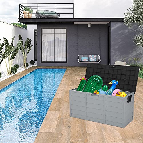 DUGGO 75 Gallon Resin Deck Storage Box Waterproof Large Indoor Outdoor Lockable Storage Container with Handle and Wheels for Patio Furniture Cushions, Toys and Garden Tools