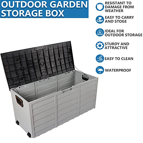 DUGGO 75 Gallon Resin Deck Storage Box Waterproof Large Indoor Outdoor Lockable Storage Container with Handle and Wheels for Patio Furniture Cushions, Toys and Garden Tools