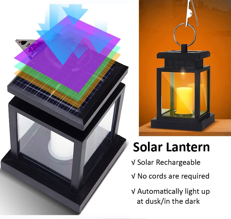 Solar Lanterns Outdoor Waterproof, Garden Hanging Flickering Flameless LED Candle Lighting, Solar Powered Lights for Decorative Yard, Table, Patio, Umbrella, Black