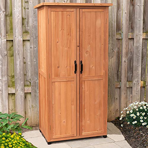 Leisure Season VSS3005 Vertical Storage Shed - Brown - Indoor and Outdoor Wooden Equipment Closet - Lockable Lawn, Garden, Backyard, Patio Tool Cabinet Organizer - Large Locker with Door and Shelves