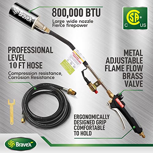 Propane Torch Weed Burner with 10ft Hose (cCSAus Certified), Weed Torch with Turbo Trigger Push Button Igniter, High Output 800,000 BTU for Roof Asphalt, Melting Ice Snow, Fit for 5-100LB Propane Tank