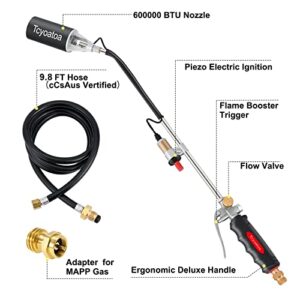 Propane Torch Weed Burner,Flamethrower,Propane Garden Torch,9.8 FT Hose,Gas Bottle Adapter,Heavy Duty Output and One-push Electronic Button Igniter,Widly Use for Weeding,Grilling,Ice melting