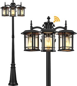 vianis outdoor lamp post light, dusk to dawn triple-head waterproof street light, black pole lights for outside aluminum anti-rust, led lantern lamp fixture for backyard driveway garden patio décor