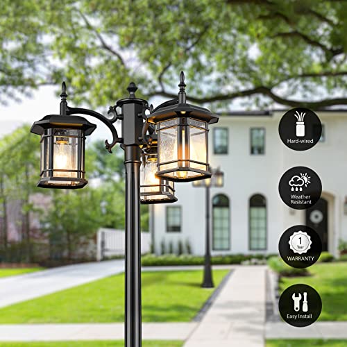 VIANIS Outdoor Lamp Post Light, Dusk to Dawn Triple-Head Waterproof Street Light, Black Pole Lights for Outside Aluminum Anti-Rust, Led Lantern Lamp Fixture for Backyard Driveway Garden Patio Décor