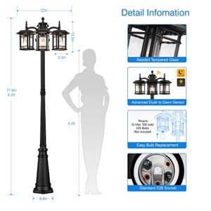 VIANIS Outdoor Lamp Post Light, Dusk to Dawn Triple-Head Waterproof Street Light, Black Pole Lights for Outside Aluminum Anti-Rust, Led Lantern Lamp Fixture for Backyard Driveway Garden Patio Décor