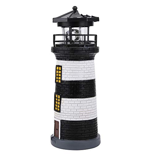 LED Solar Lighthouse Statue Rotating Lawn Craft Decorations for Outdoor Light Garden Courtyard(Black+White)