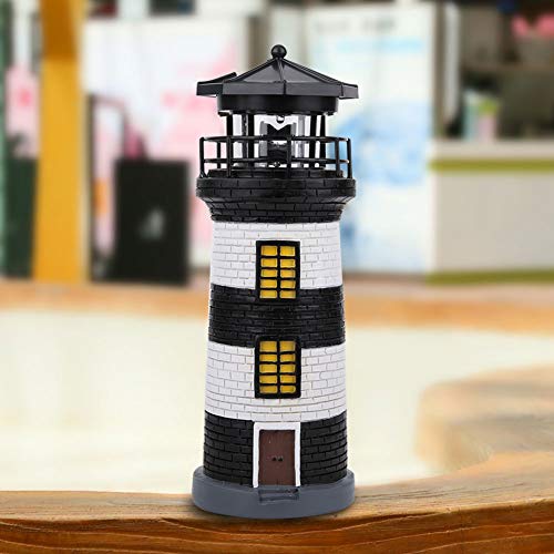 LED Solar Lighthouse Statue Rotating Lawn Craft Decorations for Outdoor Light Garden Courtyard(Black+White)